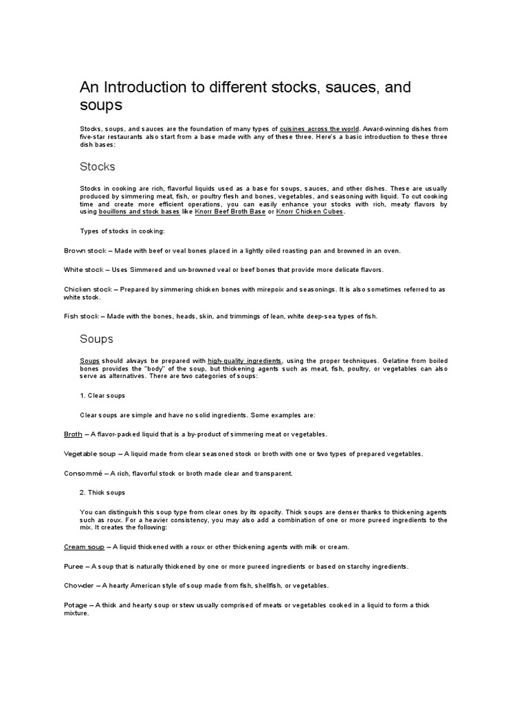 Stocks, Sauces, and Soups Overview | PDF | Stock (Food) | Soup
