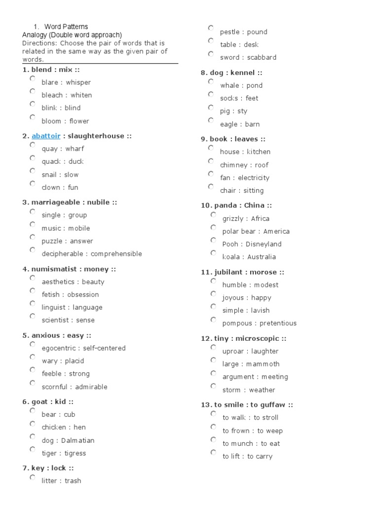 Double Word Analogy Examples | PDF