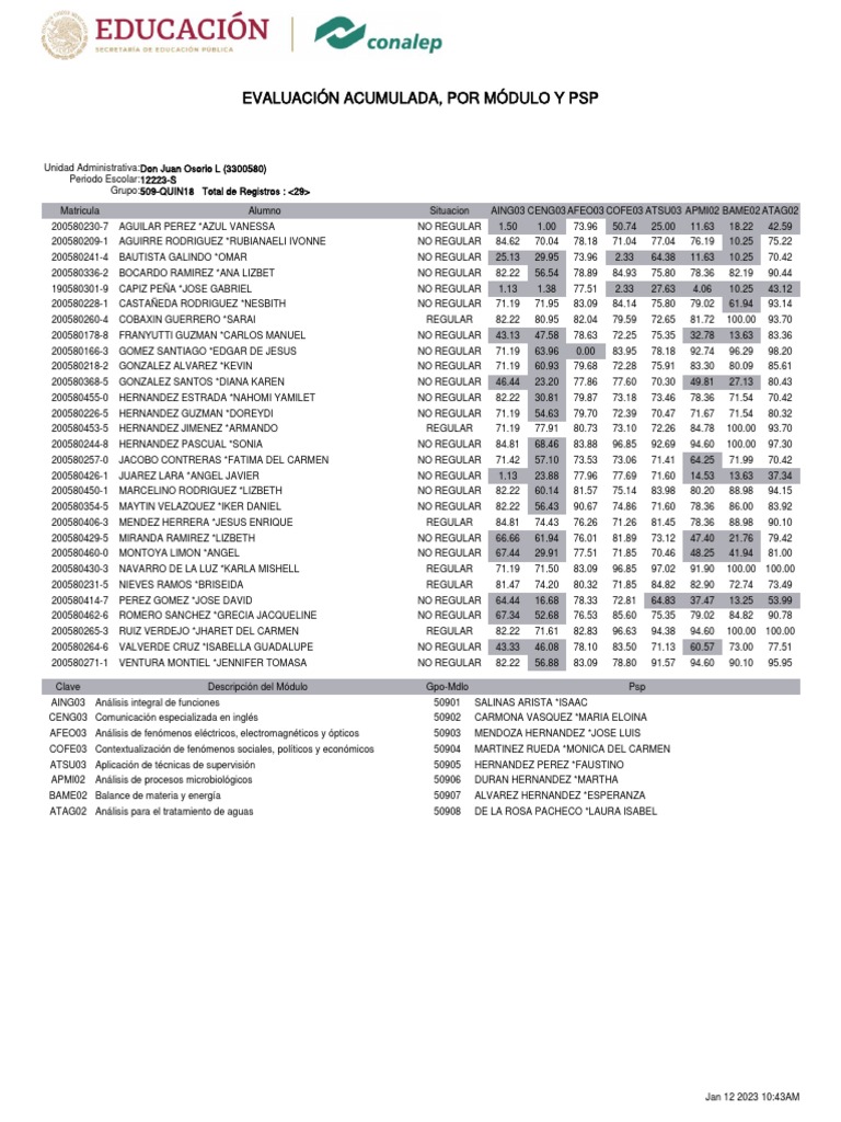 Evaluación Acumulada, Por Módulo Y PSP | PDF