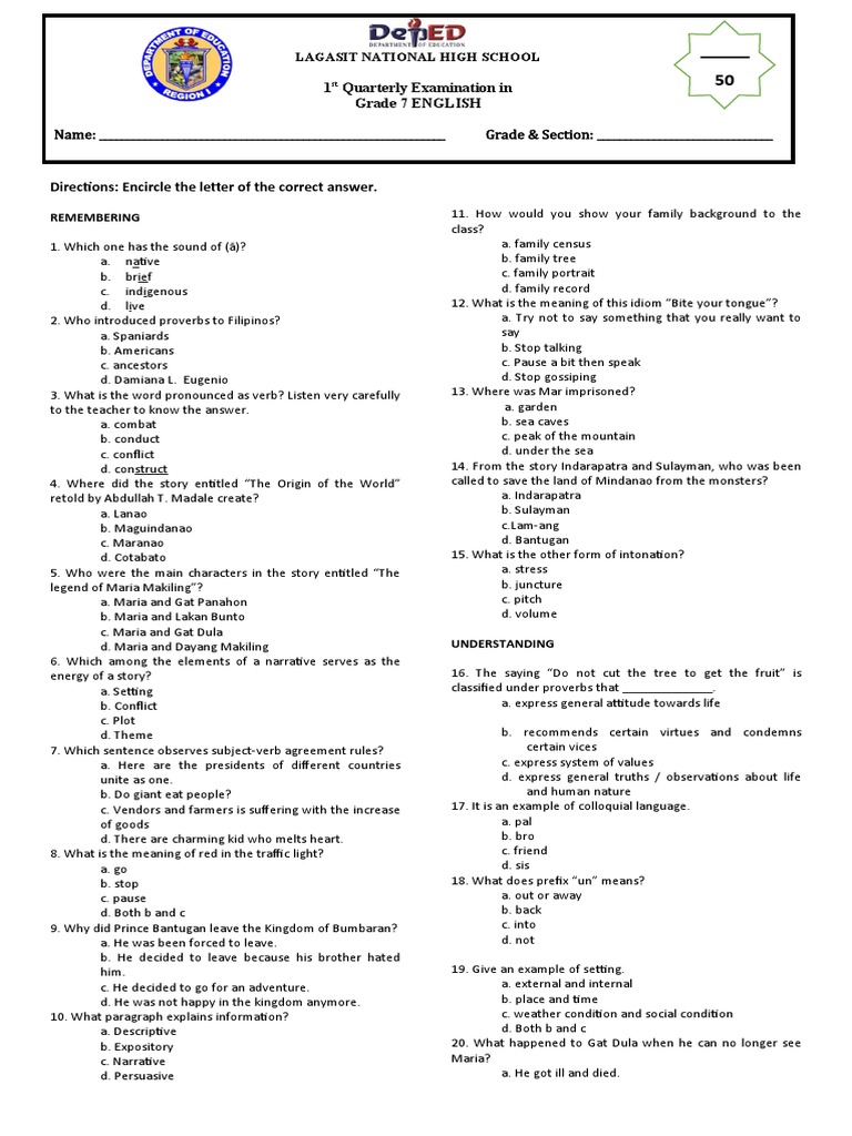 Grade 7 English 1st Quarter | PDF | Stress (Linguistics) | Grammatical ...
