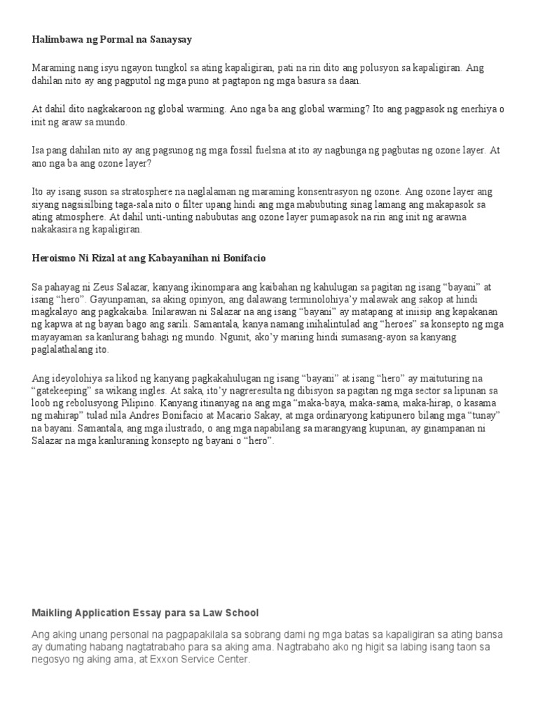 Halimbawa NG Pormal at Personal Na Sanaysay | PDF