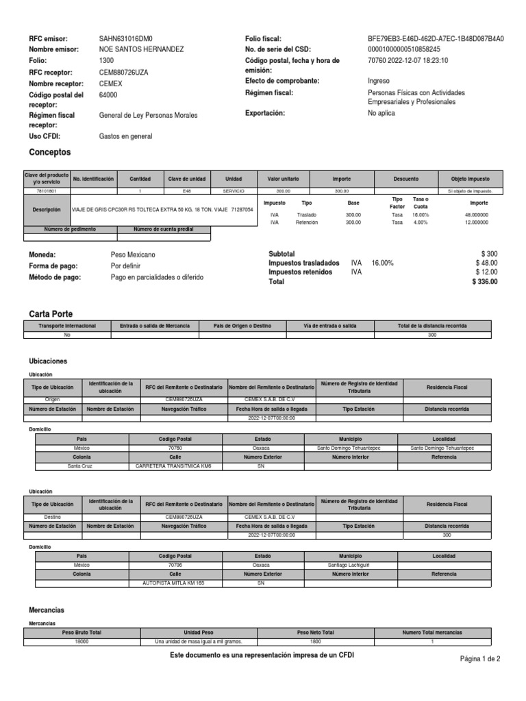 Conceptos 78101801 1 E48 Servicio 300 00 300 00 Sí Objeto De Impuesto
