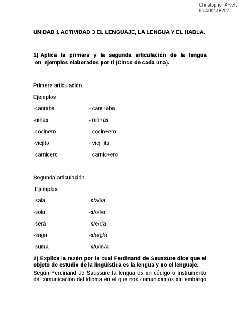 Unidad 1 Actividad 3 El Lenguaje La Lengua y El Habla | PDF | Habla ...
