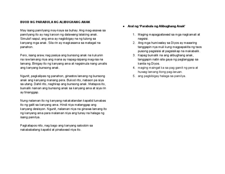 Parabula NG Alibughang Anak Buod at Aral | PDF