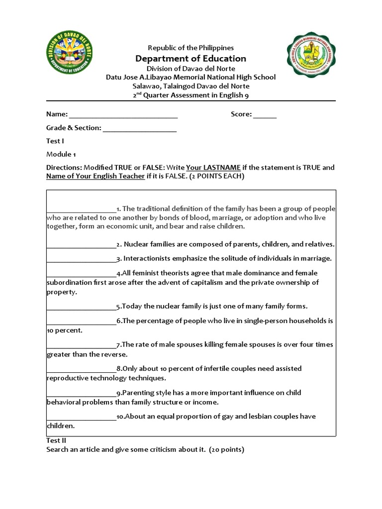 2nd Summative Assessment g9 | PDF