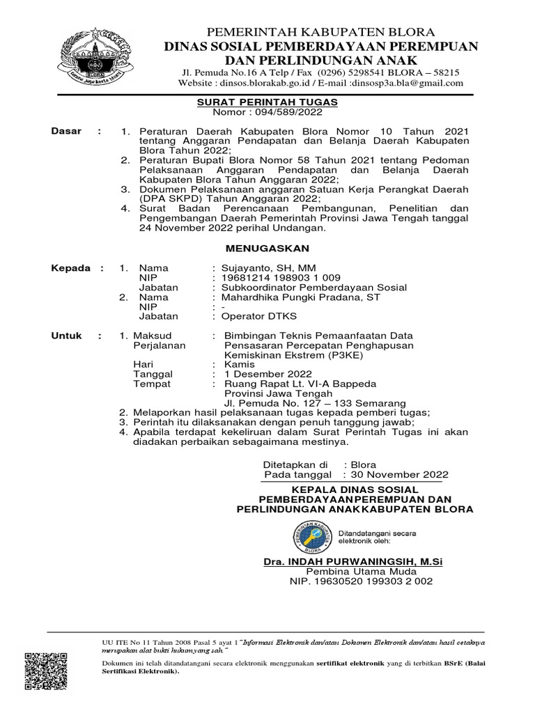 Tte Surat Tugas Bimtek Pemanfaatan Data P3KE | PDF