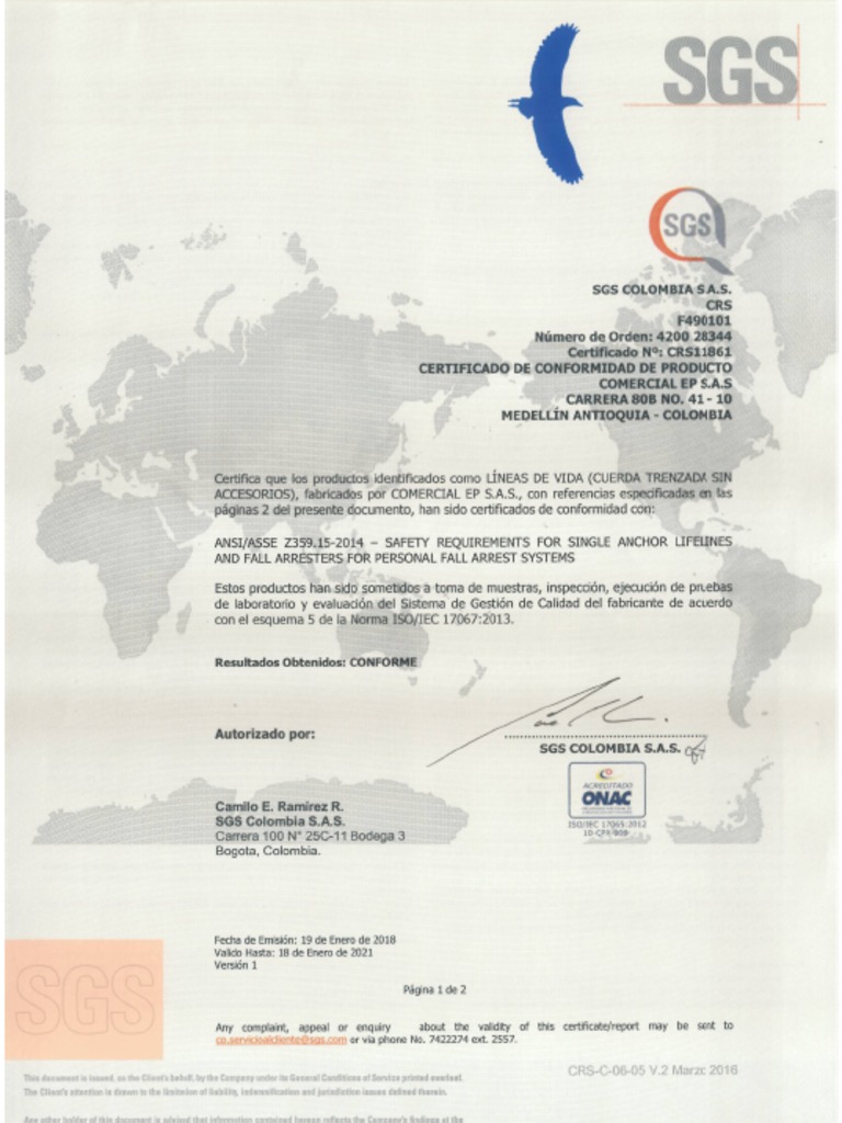 Certificado Linea de Vida Comercialep | PDF