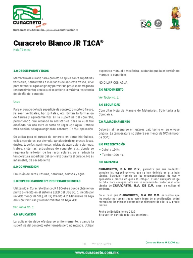 Curacreto Blanco JR T1ca | PDF | Hormigón | Química