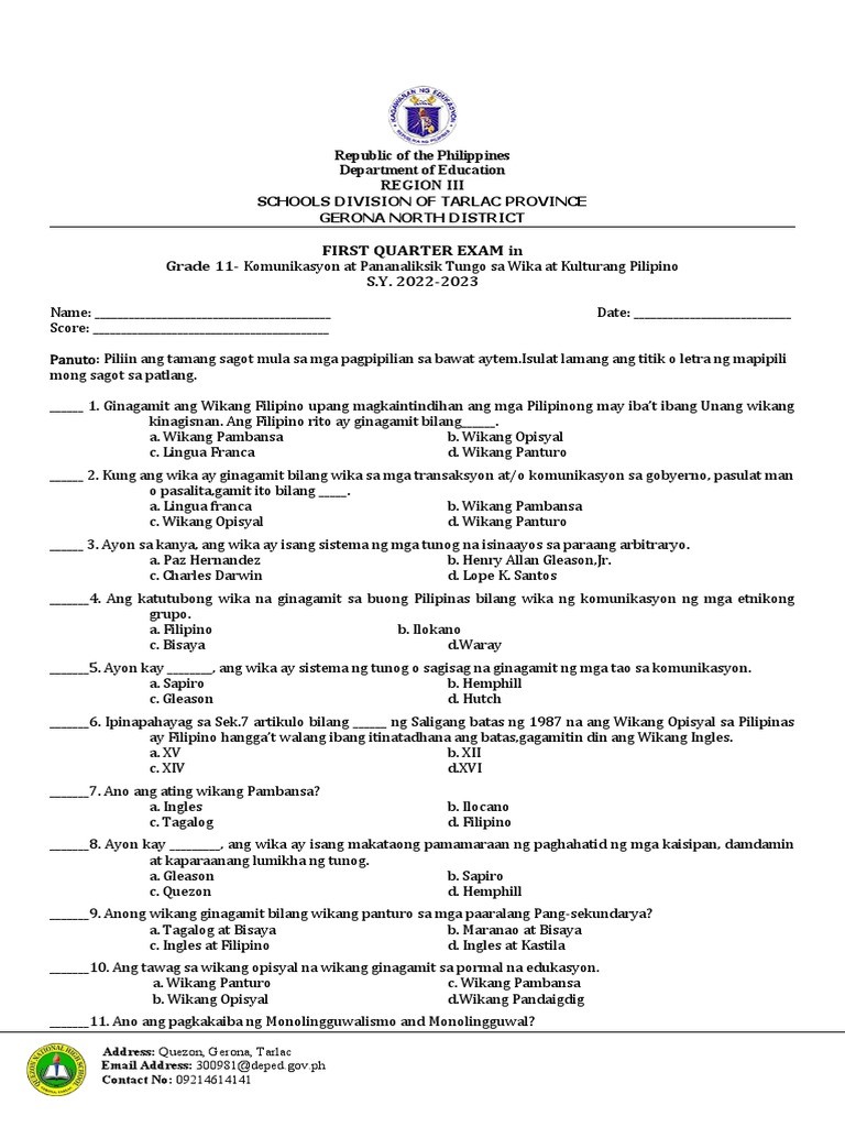Grade 11 Filipino Exam: Language and Culture | PDF