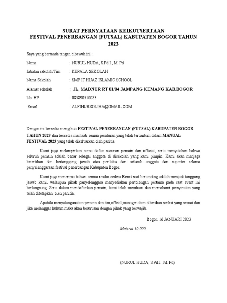 SURAT PERNYATAAN FESTIVAL PNB Siap Print | PDF