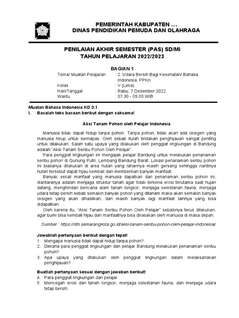 Soal PAS Kelas 5 Tema 2 Bahasa Indonesia Dan PPKN | PDF