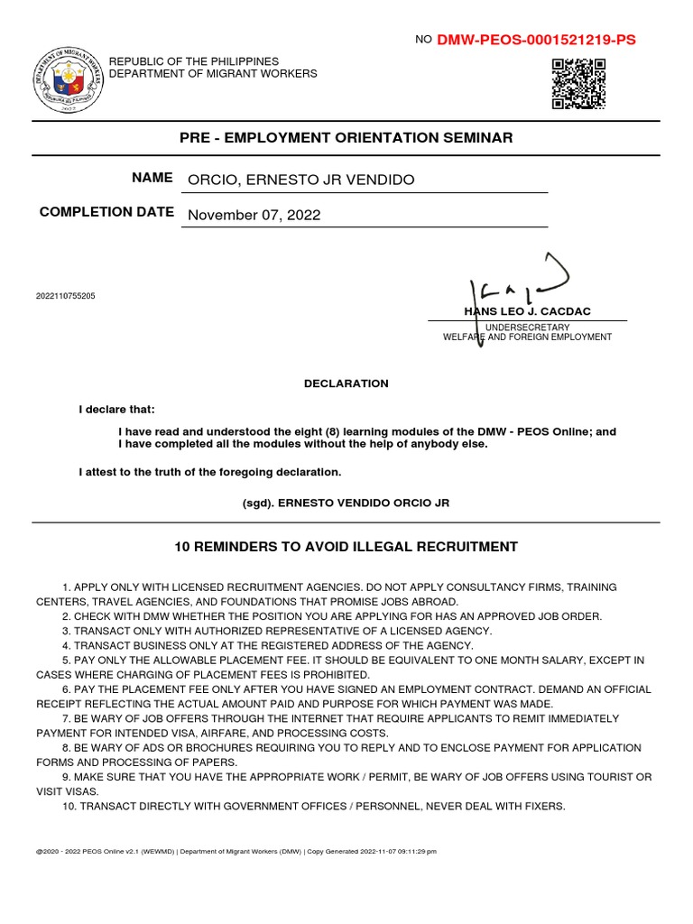 DMW Pre-Employment Orientation Certificate | PDF | Fee | Travel Visa