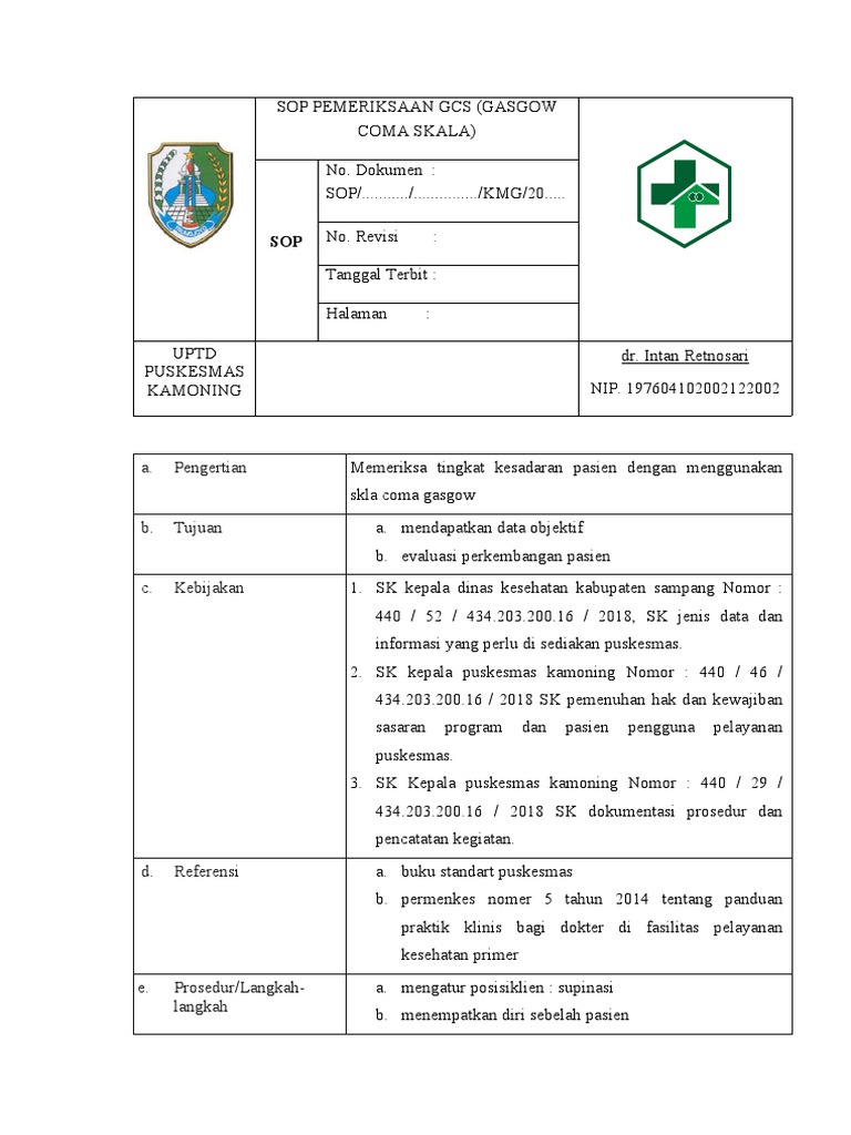 Sop Pemeriksaan GCS | PDF