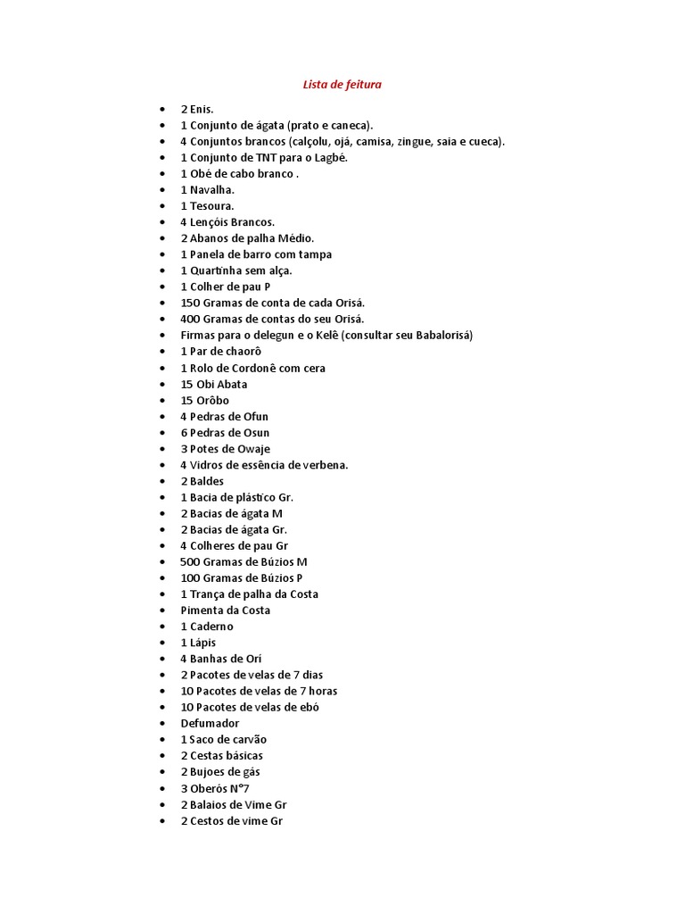 Lista de Feitura | PDF