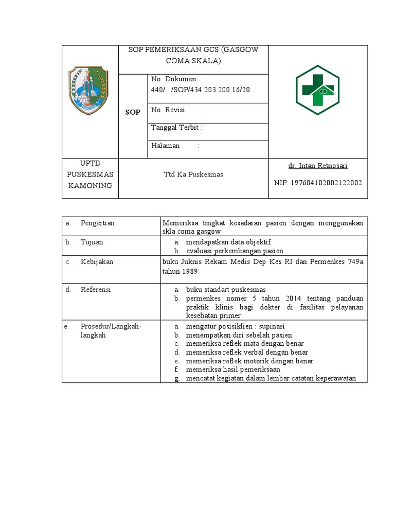 Sop Pemeriksaan Gcs | PDF