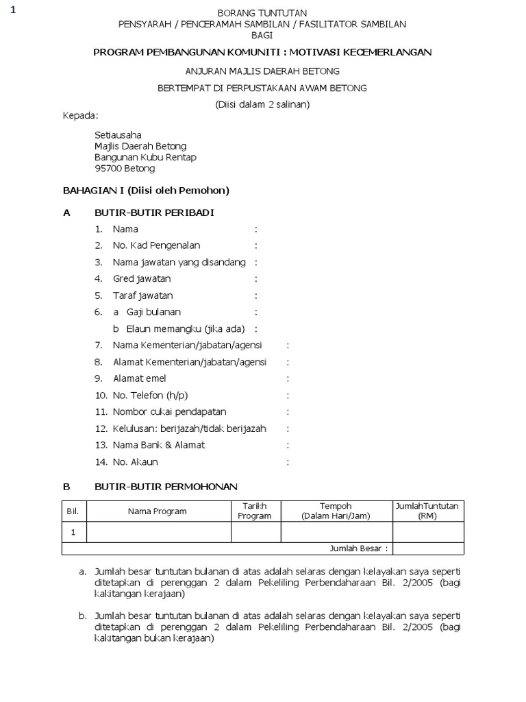 Borang Tuntutan Honorarium Sample | PDF