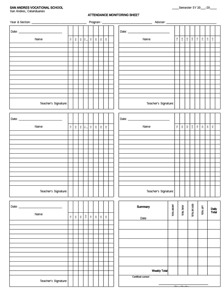 Classroom Attendance Monitoring Sheet | PDF