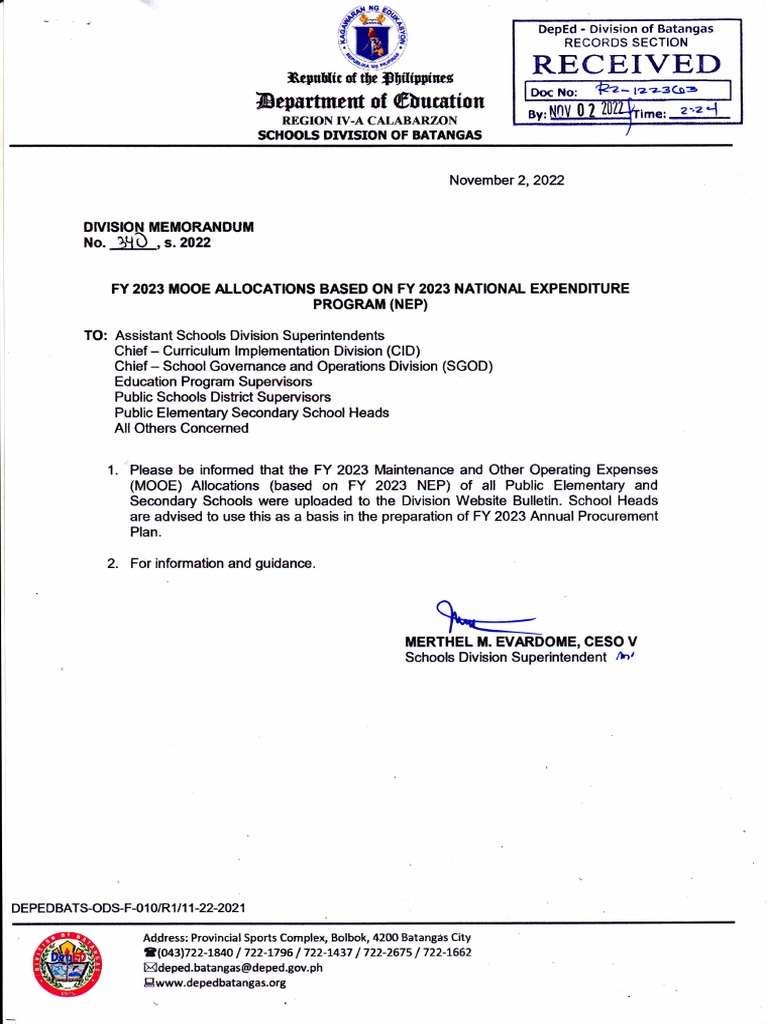 MOOE Allocations for Batangas Schools 2023 | PDF