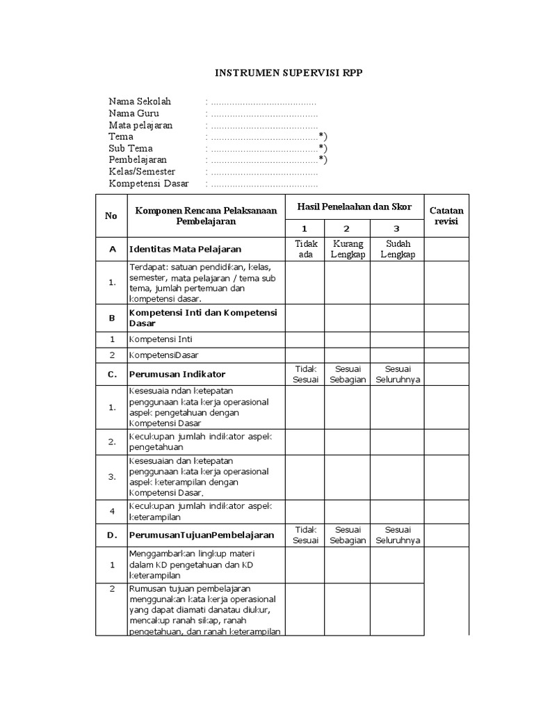 Instrumen Supervisi RPP Revisi | PDF