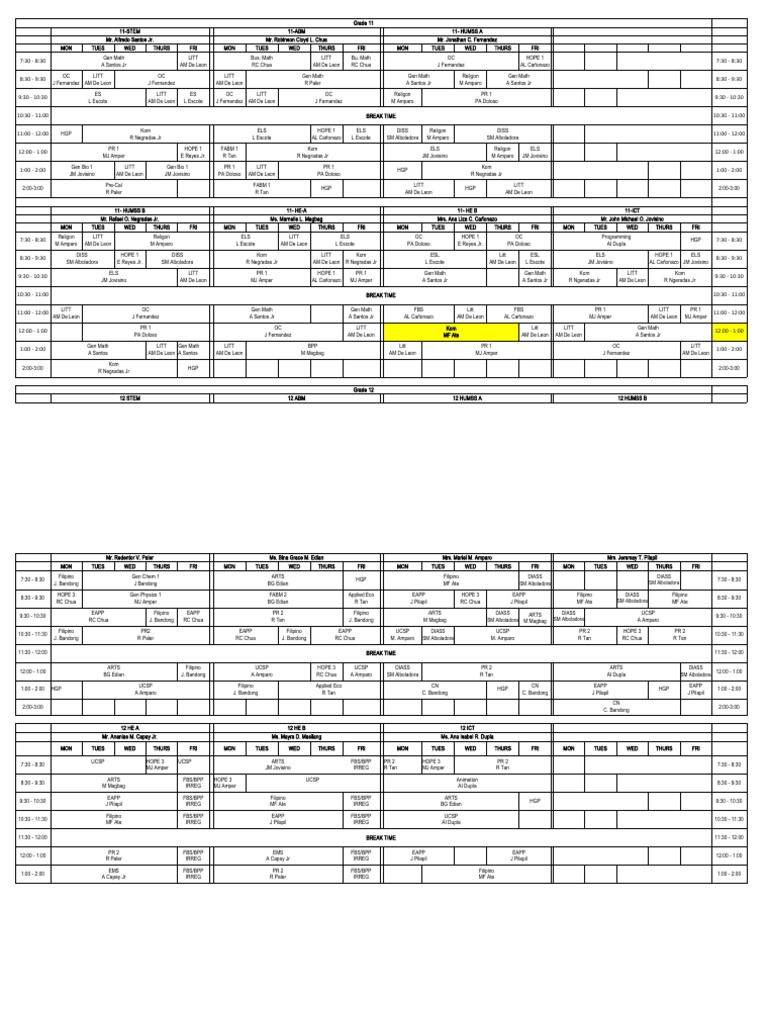 Grade 11 and 12 Class Schedule Overview | PDF