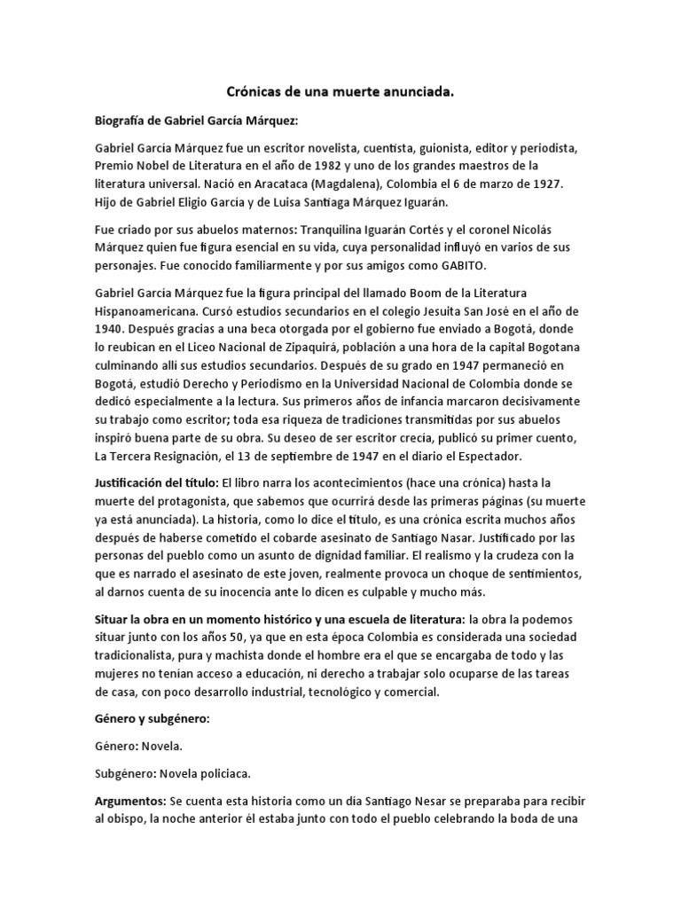 Crónicas de Una Muerte Anunciada. | Descargar gratis PDF | Gabriel ...