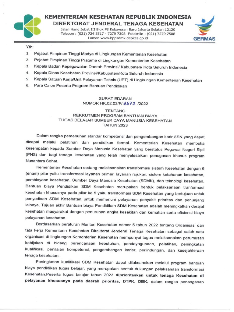 Se Rekrutmen Program Bantuan Biaya Tubel SDMK TH 2023 Share PDF | PDF