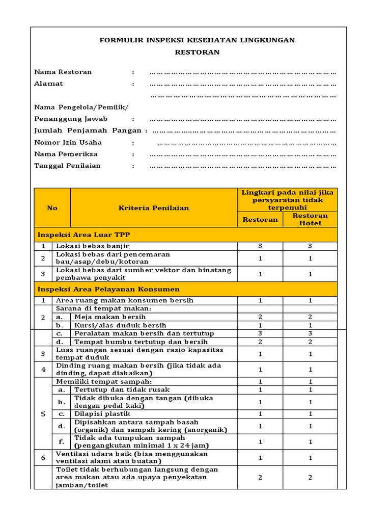Formulir Inspeksi Restoran | PDF
