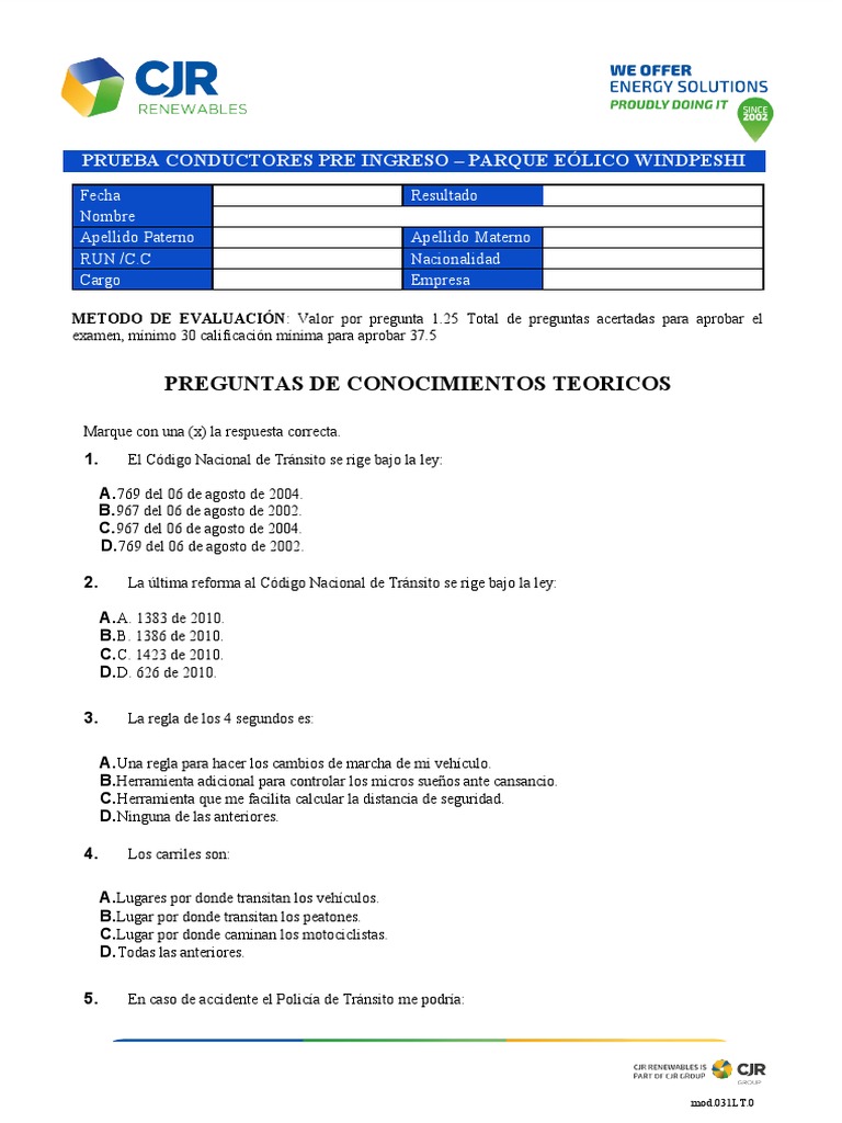 Anexo 1 PRUEBA DE CONOCIMIENTO CONDUCTORES | Descargar gratis PDF ...