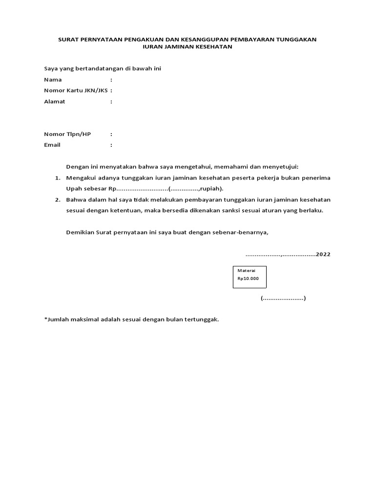 Surat Pernyataan Pengakuan Dan Kesanggupan Pembayaran Tunggakan | PDF | Bisnis