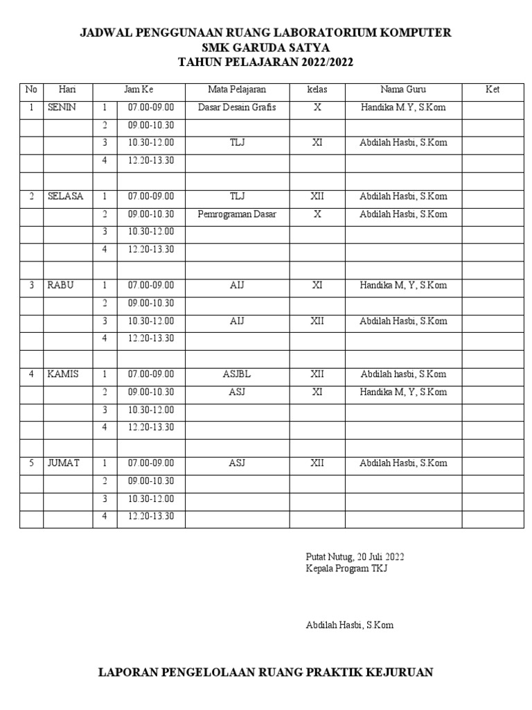 Jadwal Penggunaan Lab Komputer SMK | PDF