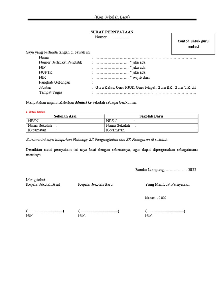 Surat Mutasi Sekolah Induk | PDF