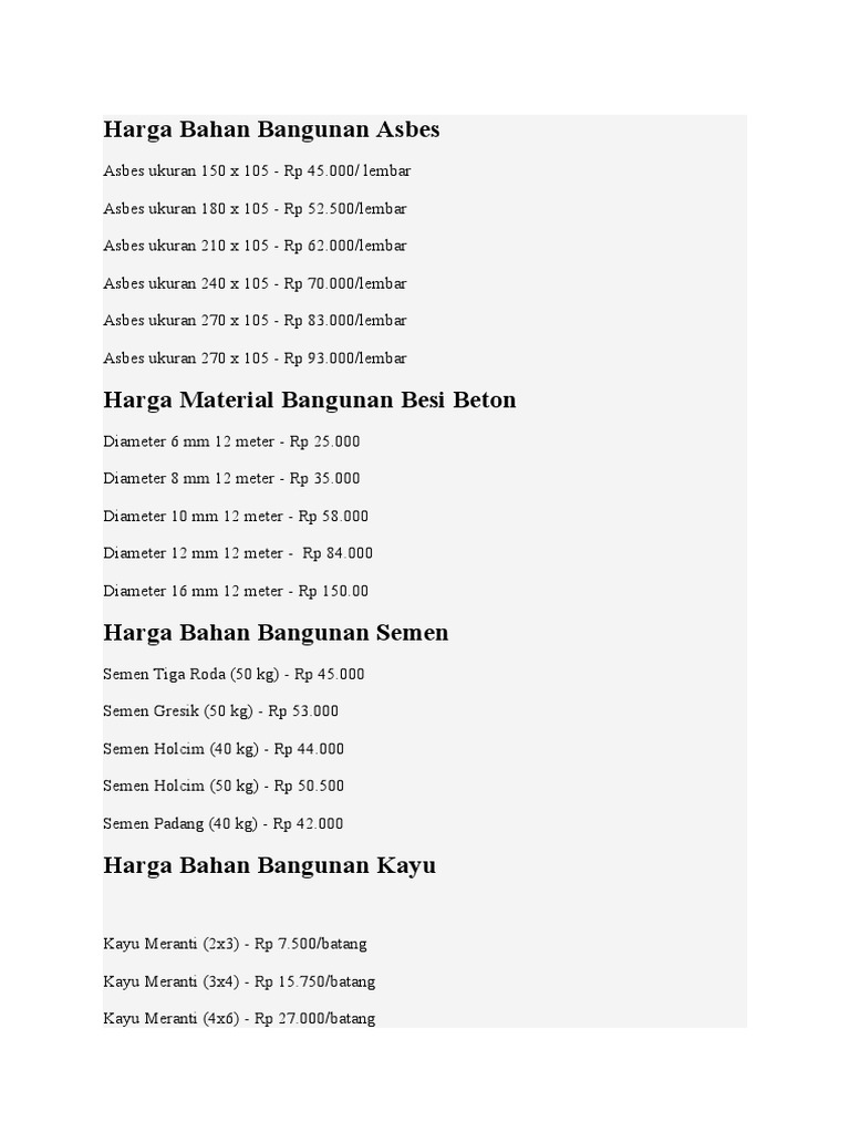 Harga Bahan Bangunan Jabodetabek 2021 | PDF