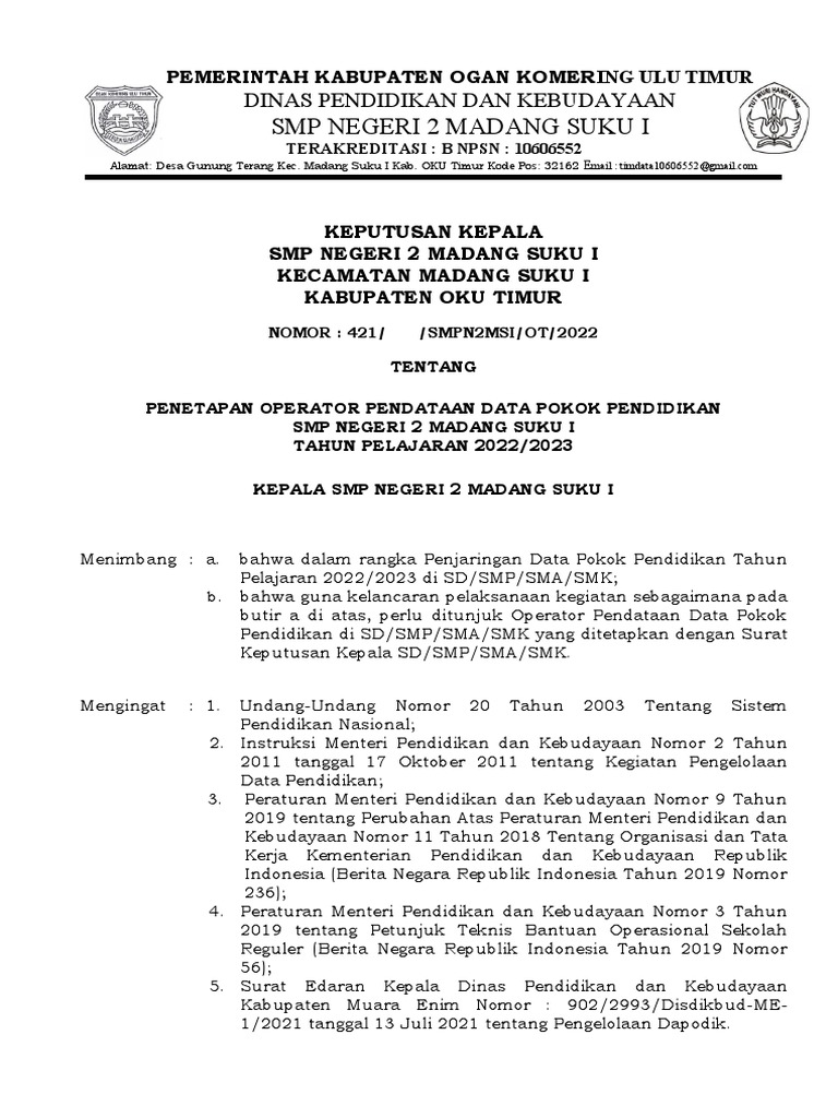 Contoh SK Operator Dapodik | PDF