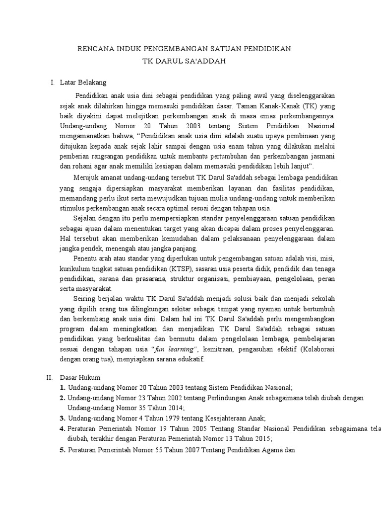 Rencana Induk Pengembangan Taman Kanak-Kanak (RIP TK) | PDF