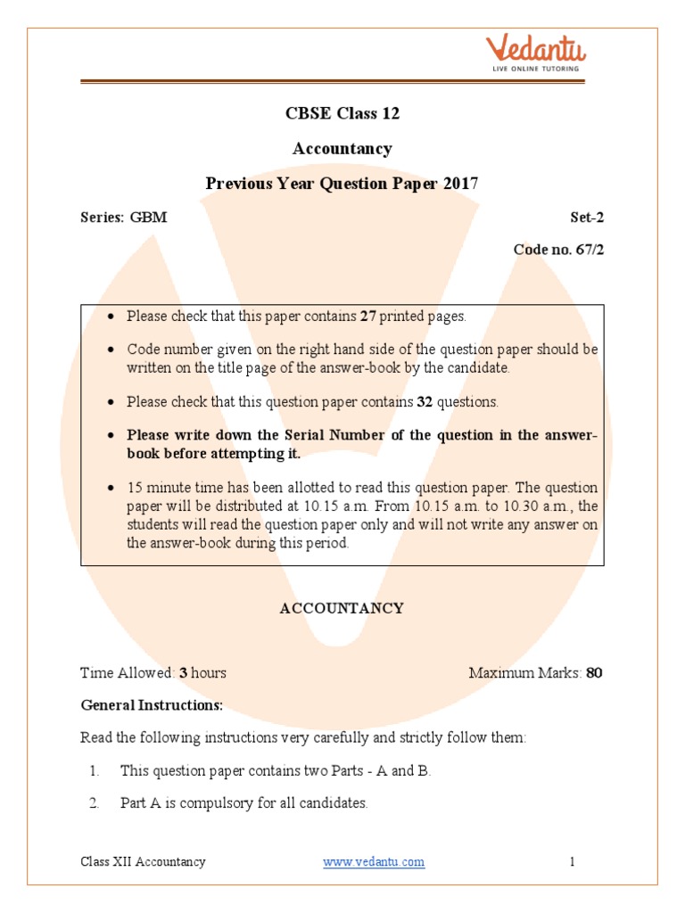 CBSE Class 12 Accountancy Question Paper 2017 | PDF | Balance Sheet ...