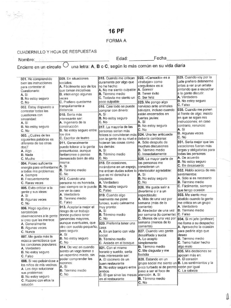Cuestionario 16pf | PDF