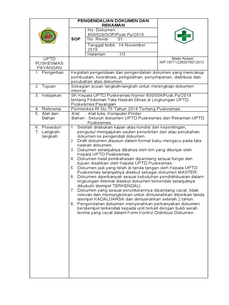 Sop Pengendalian Dokumen Dan Rekaman | PDF