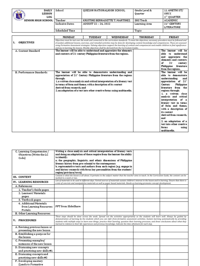 1 - SHS - DAILY - LESSON - LOG - DLL - TEMPLATE - 21st Century | PDF ...