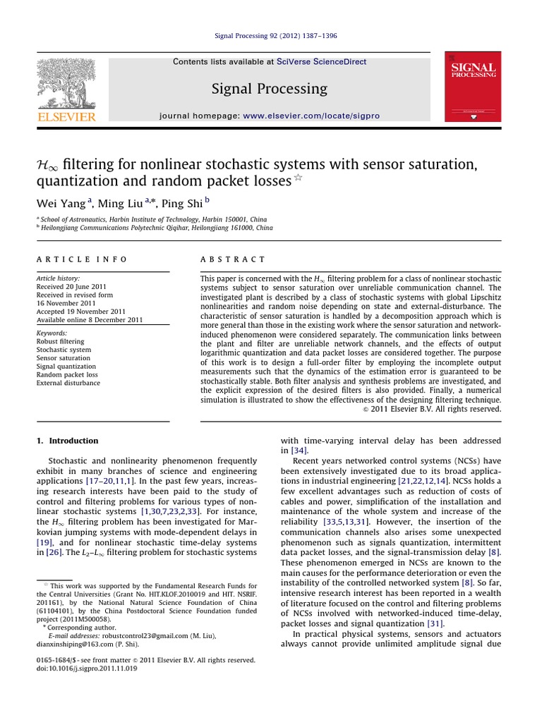 H Filtering For Nonlinear Stochastic Systems With Sensor Saturation Quantization And Random