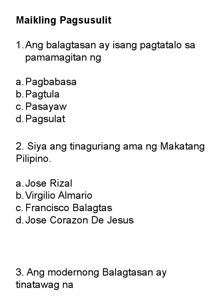 Maikling Pagsusulit. Balagtasan at Tula | PDF
