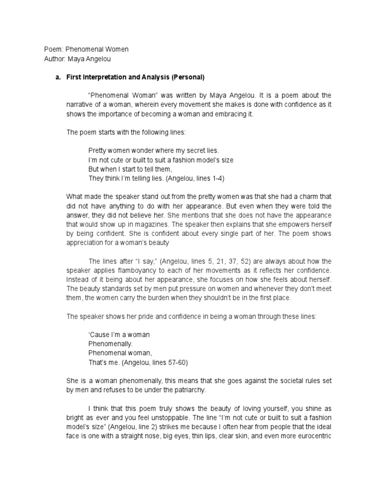Analysis of Maya Angelou's "Phenomenal Woman" | PDF | Beauty