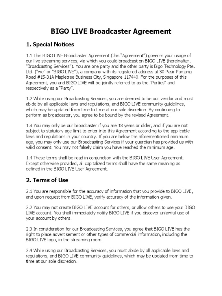 BIGO LIVE Broadcaster Agreement Overview | PDF | Arbitration | License