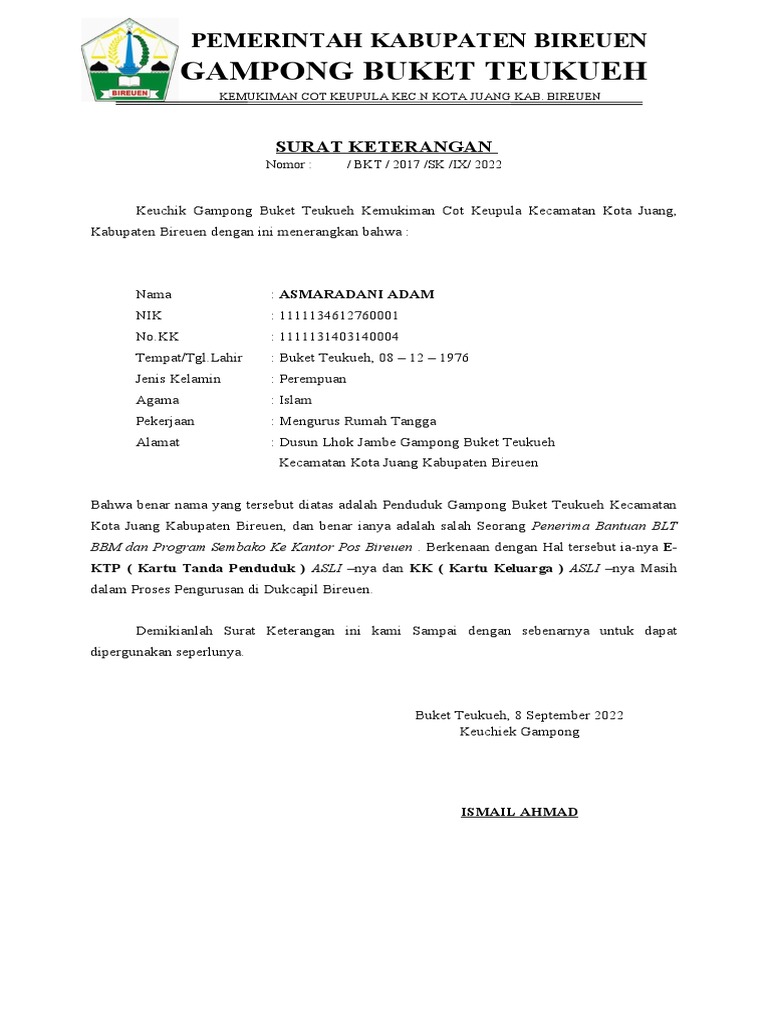 Surat Keterangan Data Proses Capil | PDF