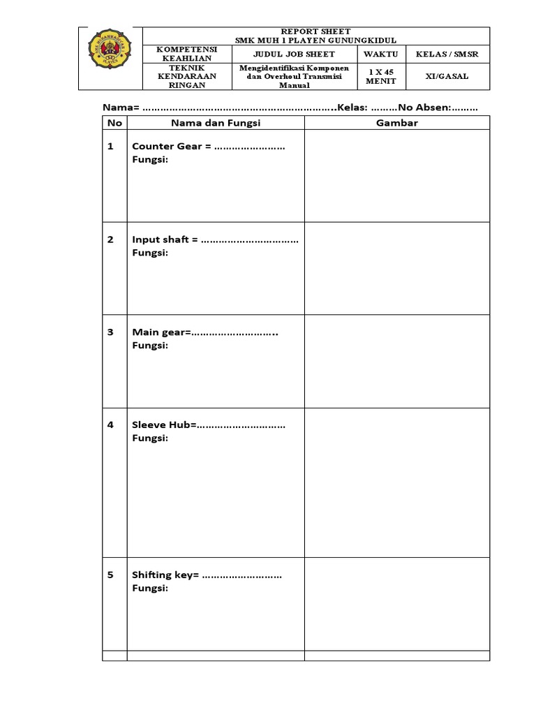 Report Sheet Transmisi Manual 1 Ok | PDF