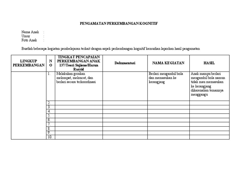 Pengamatan Perkembangan Kognitif Aud Pdf 