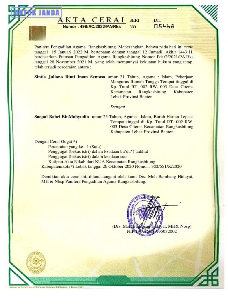 Akta Cerai Sintia dan Saepul 2022 | PDF