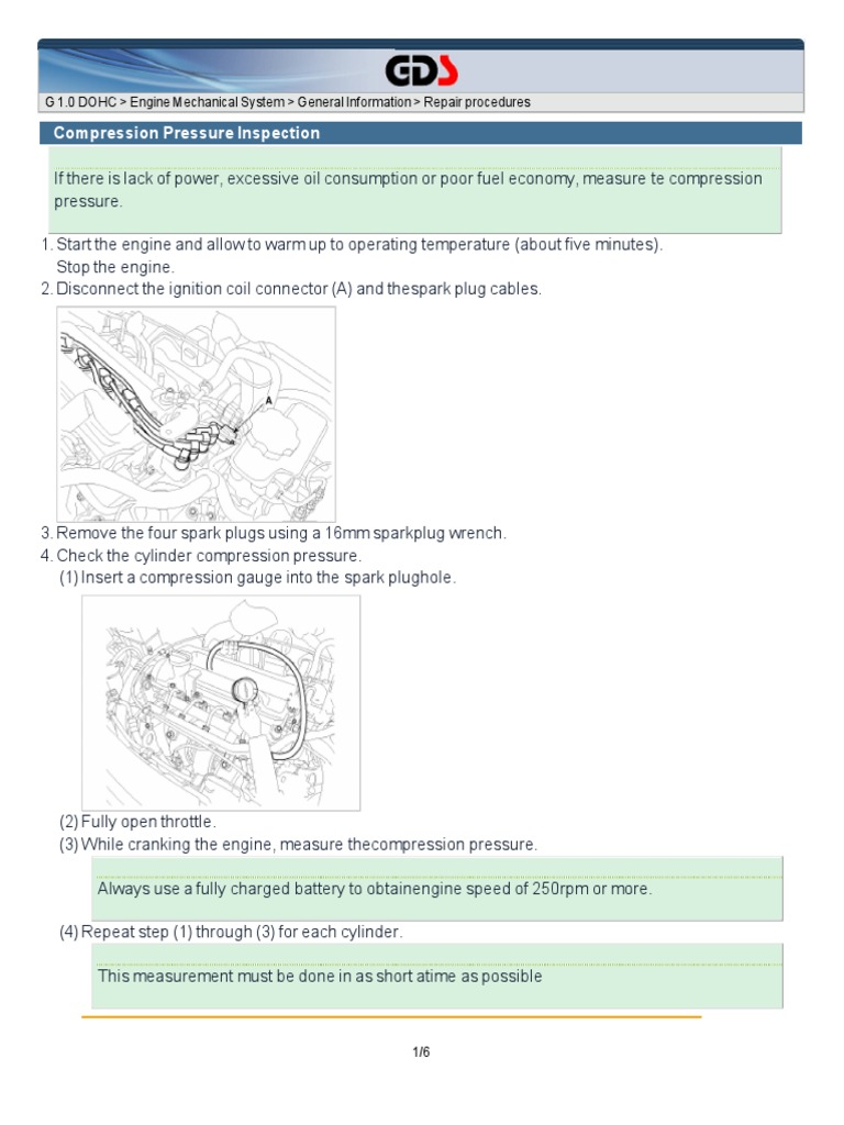 Compression Pressure Inspection: G 1.0 DOHC Engine Mechanical System General Information Repair ...