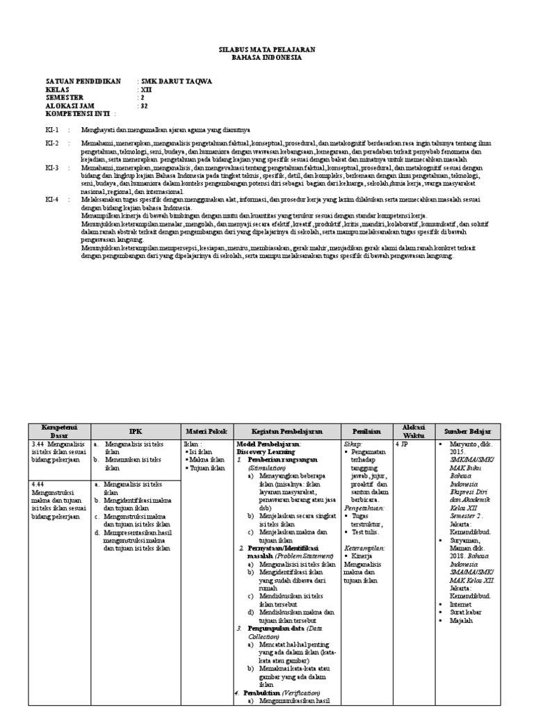 Ws2-Silabus B. Indonesia Xii Genap | PDF