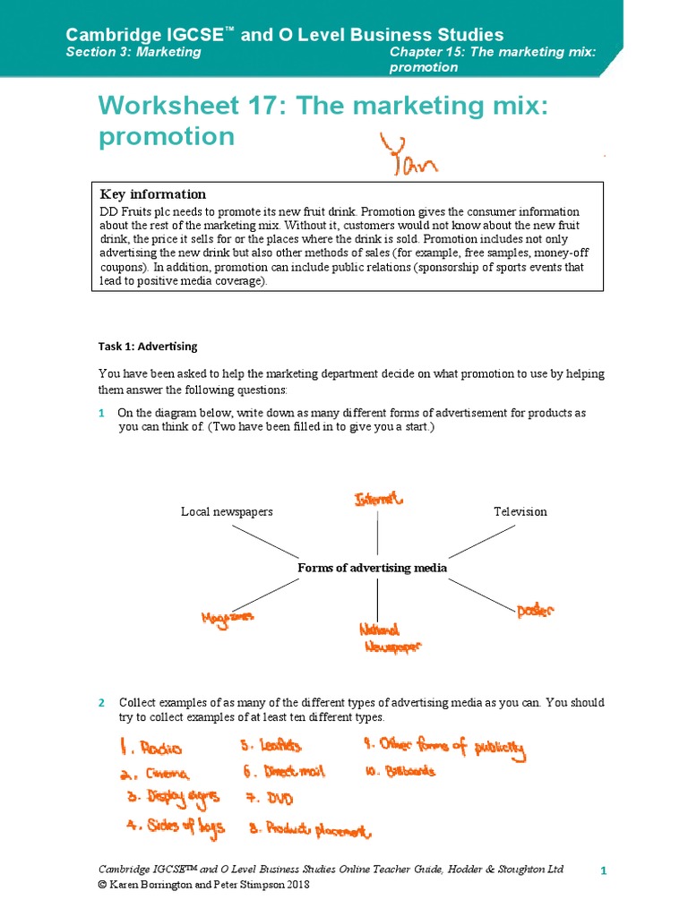 Worksheet 17 - The Marketing Mix-Promotion | PDF | Marketing | Advertising