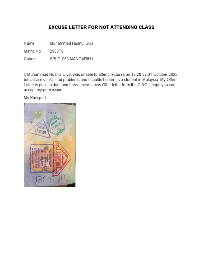 Excuse Letter For Not Attending Class | PDF